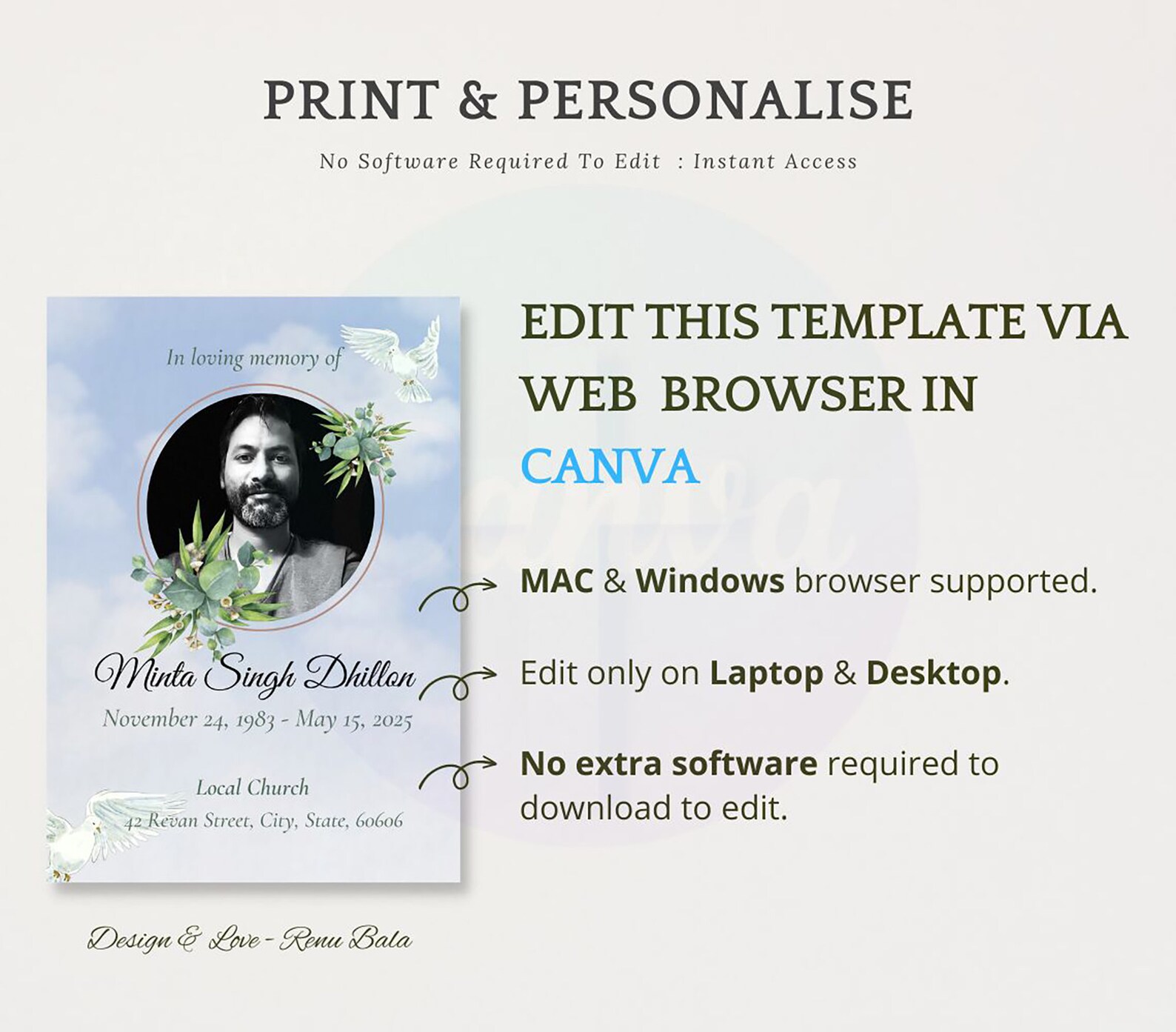 PRINTED Memorial Cards Personalized Funeral Prayer Cards Minimalist ...