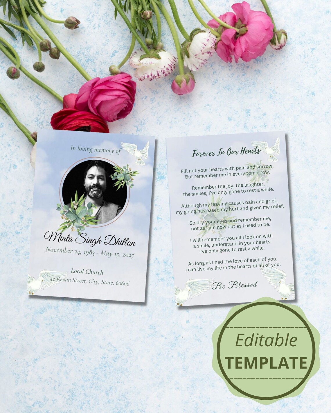 PRINTED Memorial Cards Personalized Funeral Prayer Cards Minimalist ...