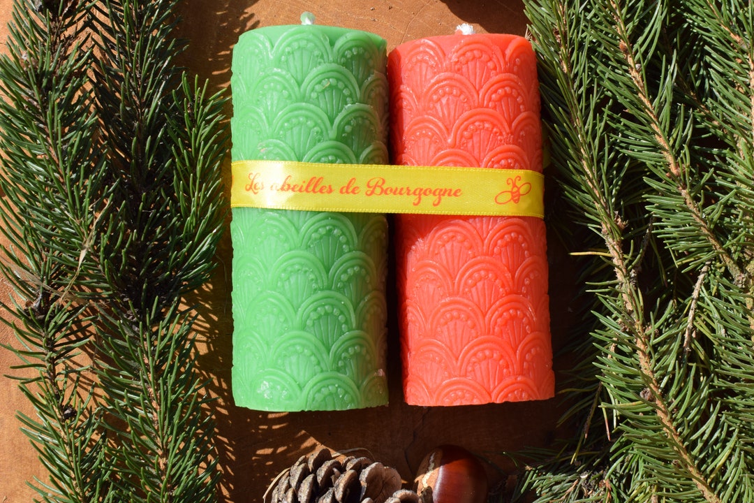 Set of 2 Two-tone Cathedral Candles, 100% Beeswax, Christmas Theme - Etsy
