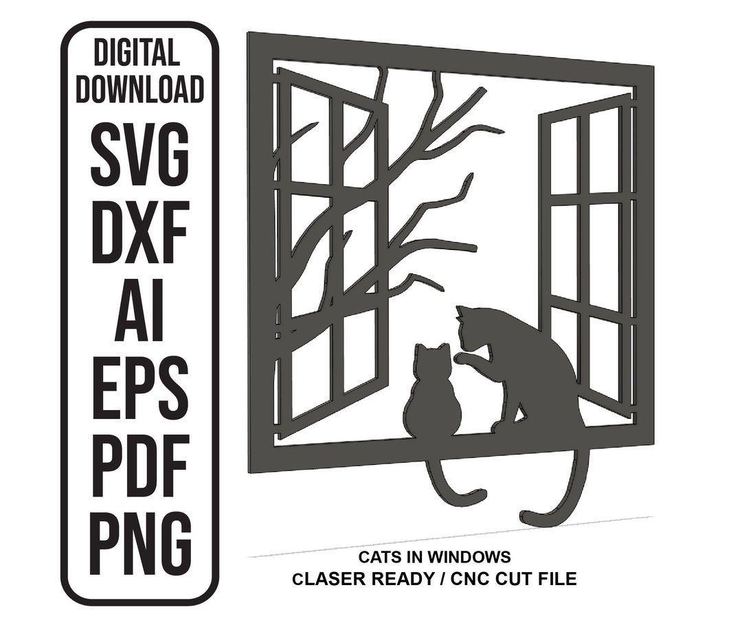Cat in Windows SVG Cut File Wall Art Laser Cut File CNC Plans for ...