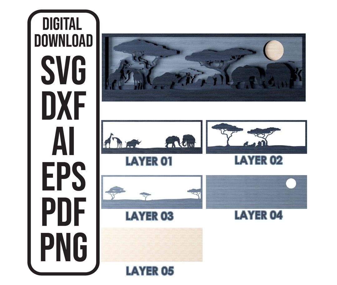 African Savannah Shadow Box Cut Files: Multilayer Laser Cut Design ...