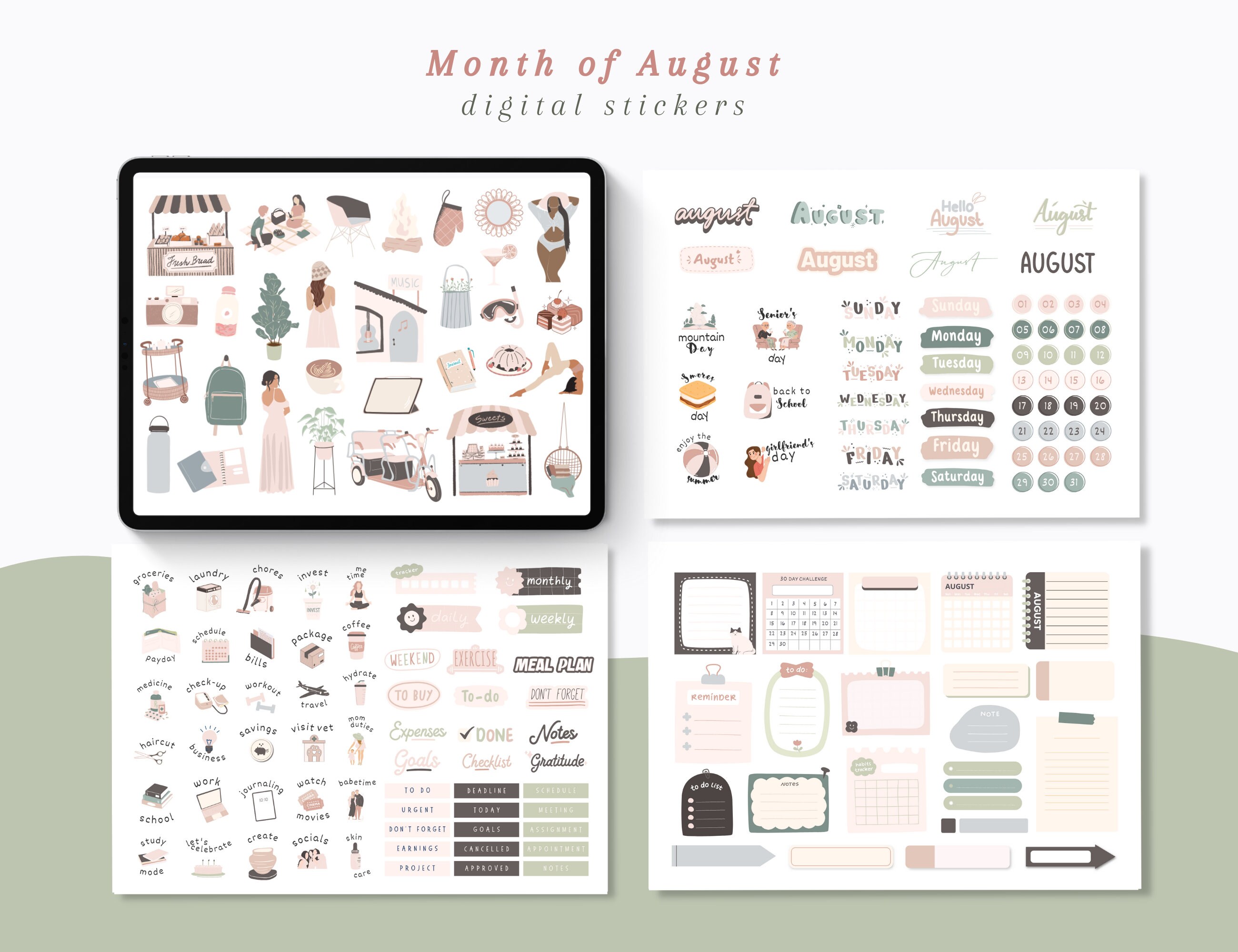 Month of August Goodnotes Digital Stickers for Everyday - Etsy