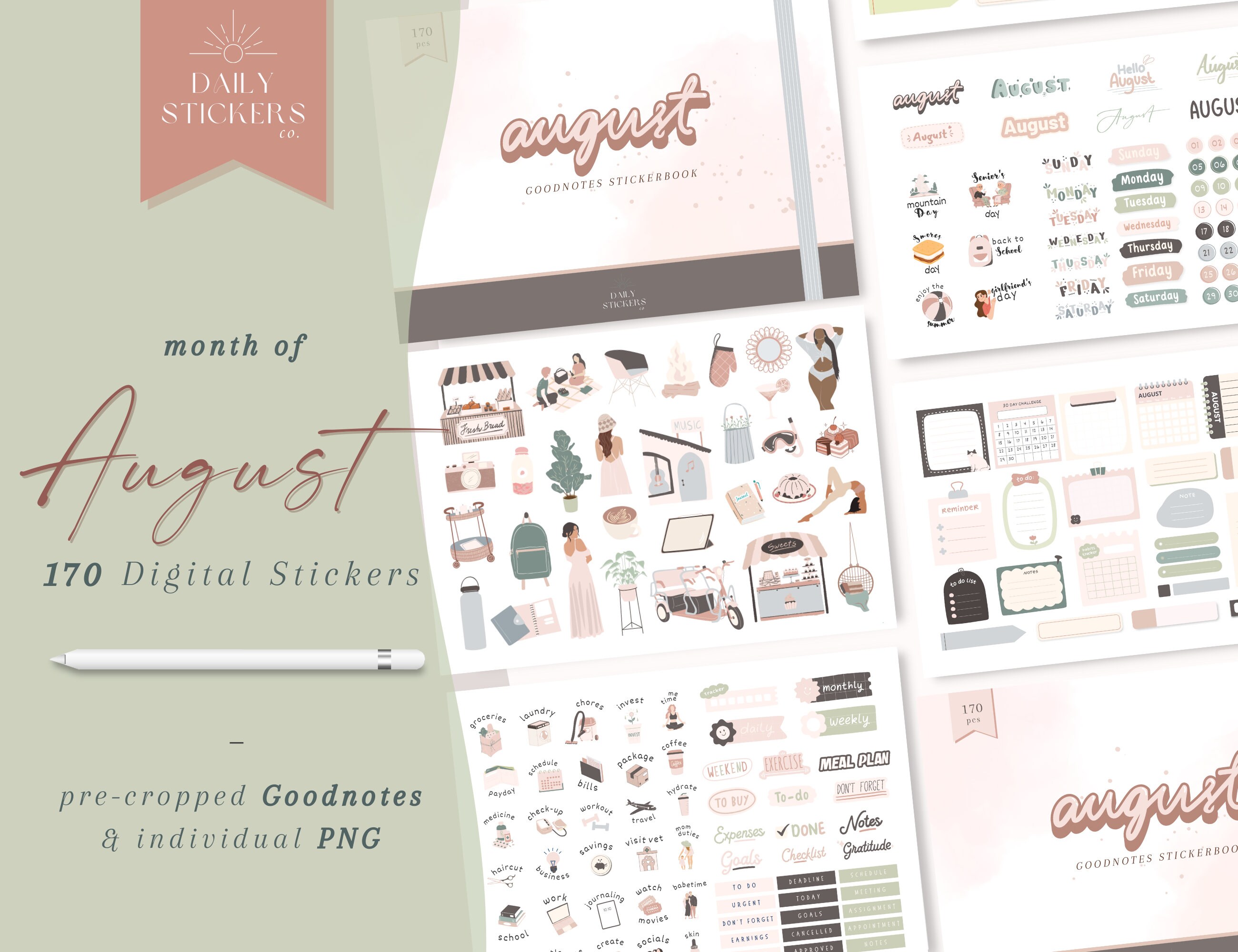 Month of August Goodnotes Digital Stickers for Everyday - Etsy