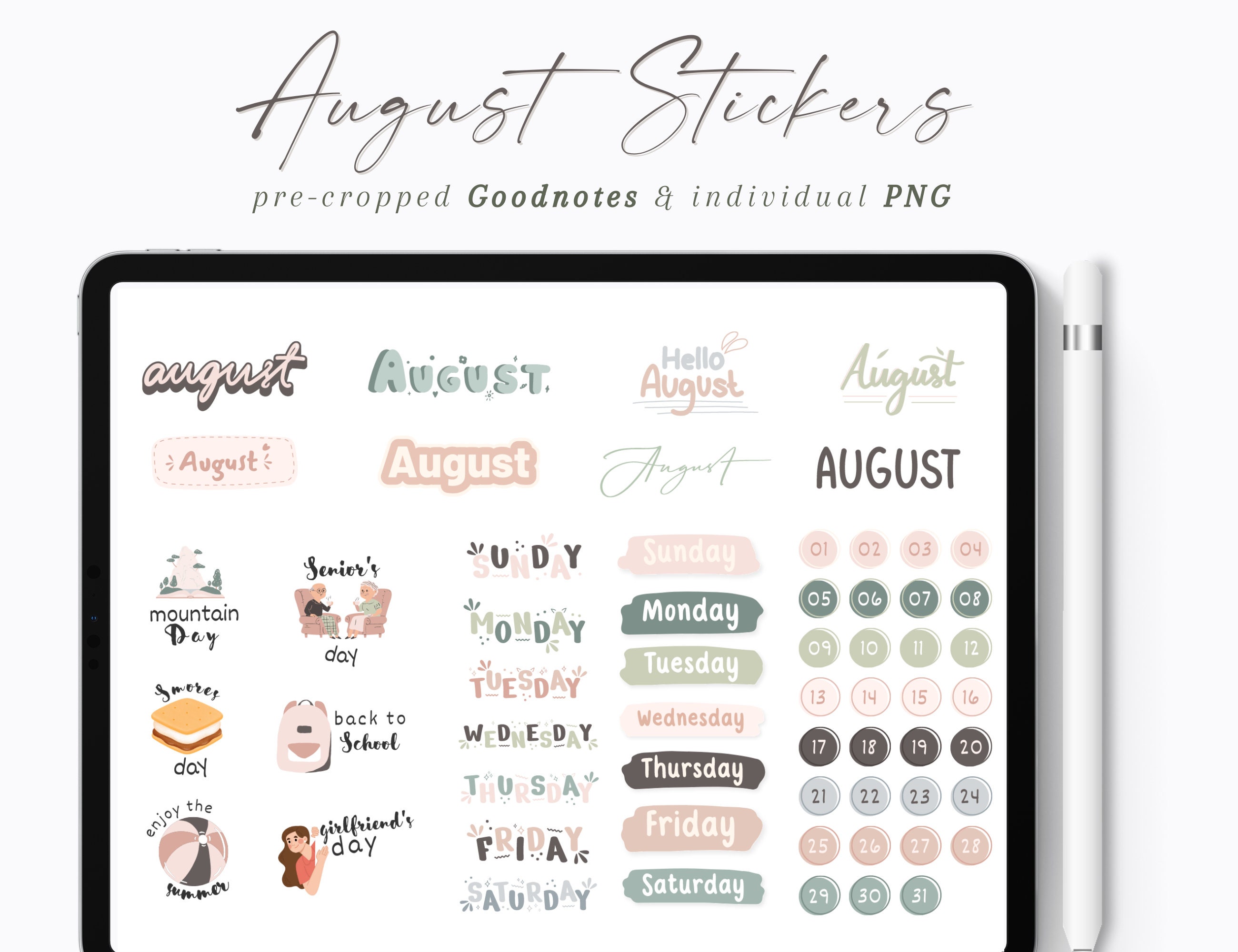 Month of August Goodnotes Digital Stickers for Everyday Use,monthly ...