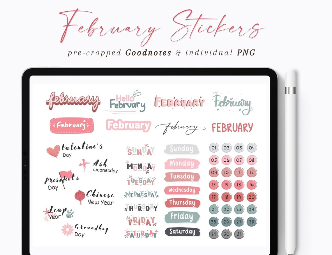 Month of February Goodnotes Digital Stickers for Everyday Use - Etsy