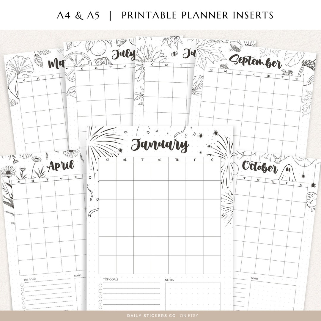 Printable Monthly Calendar Journal Pages, 12 Months Journal Calendar ...