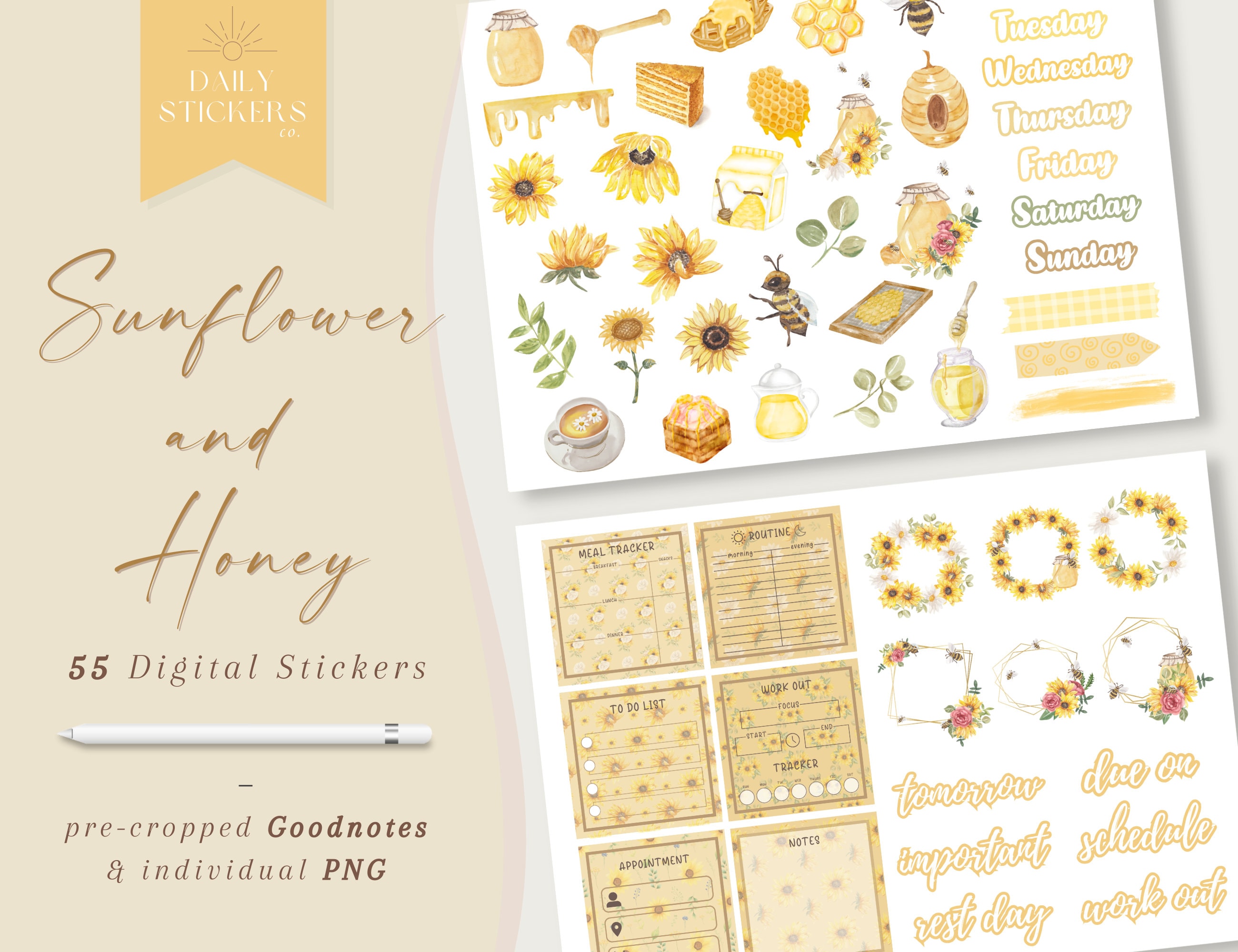 Sunflower & Honey Digital Stickers for Goodnotes Botanical - Etsy