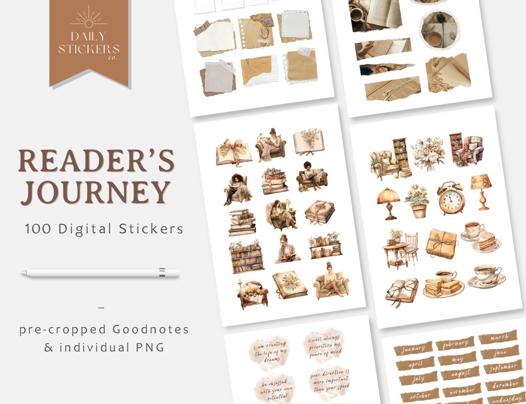 Reader's Journey Digital Stickers: Book Lover Scrapbook Clipart (PNG ...