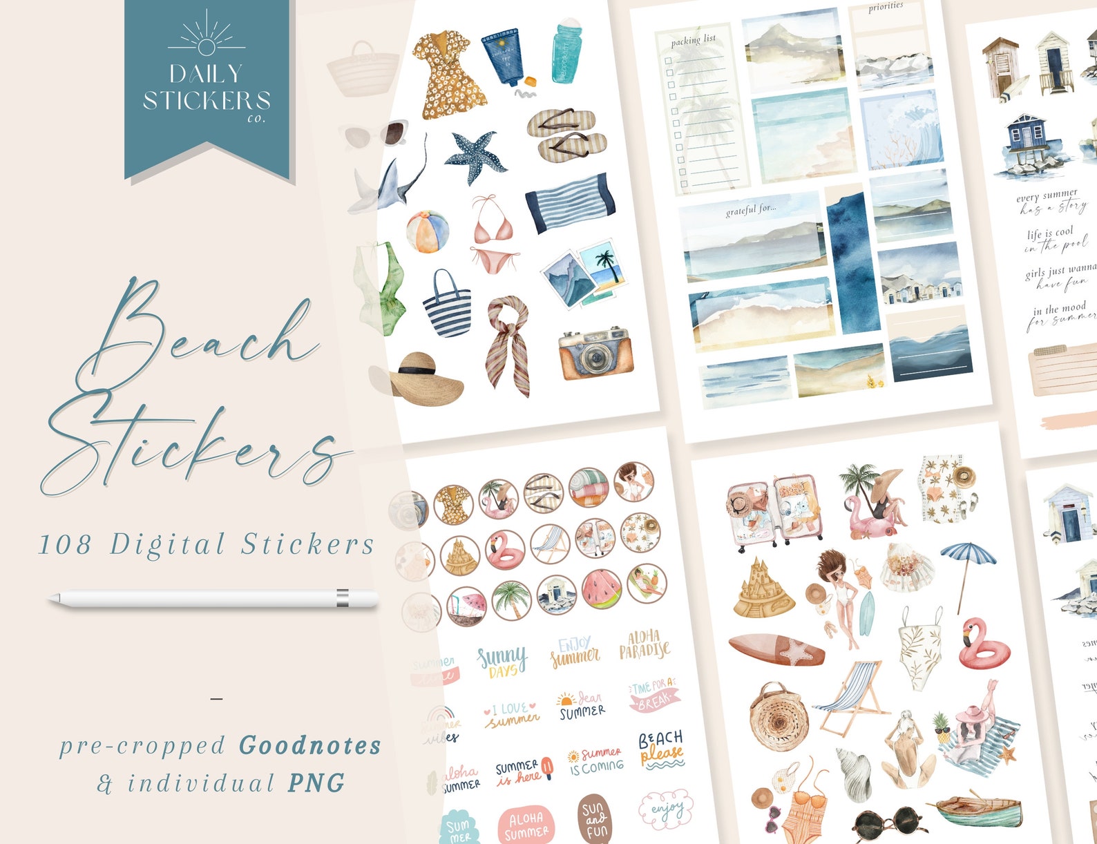 Beach Digital Stickers for Goodnotes, Season Stickers, Summer Stickers ...