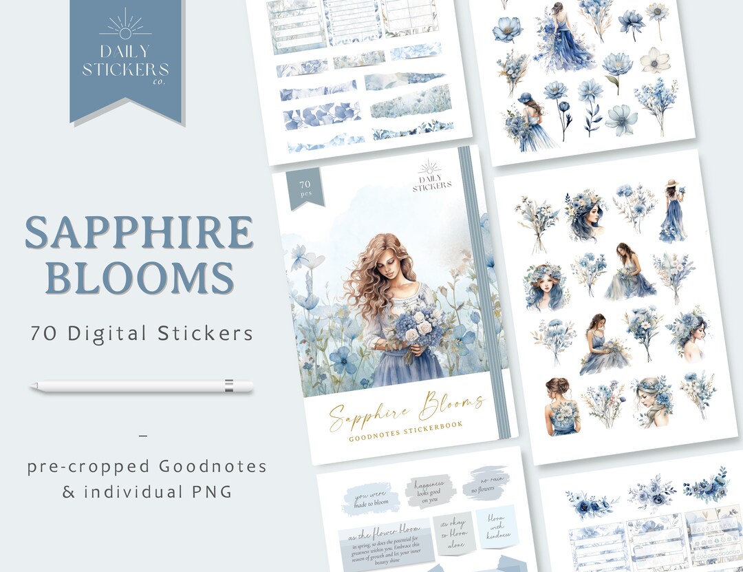 Sapphire Blooms Digital Stickers: Floral Goodnotes Stickers (70 PCS) - Etsy