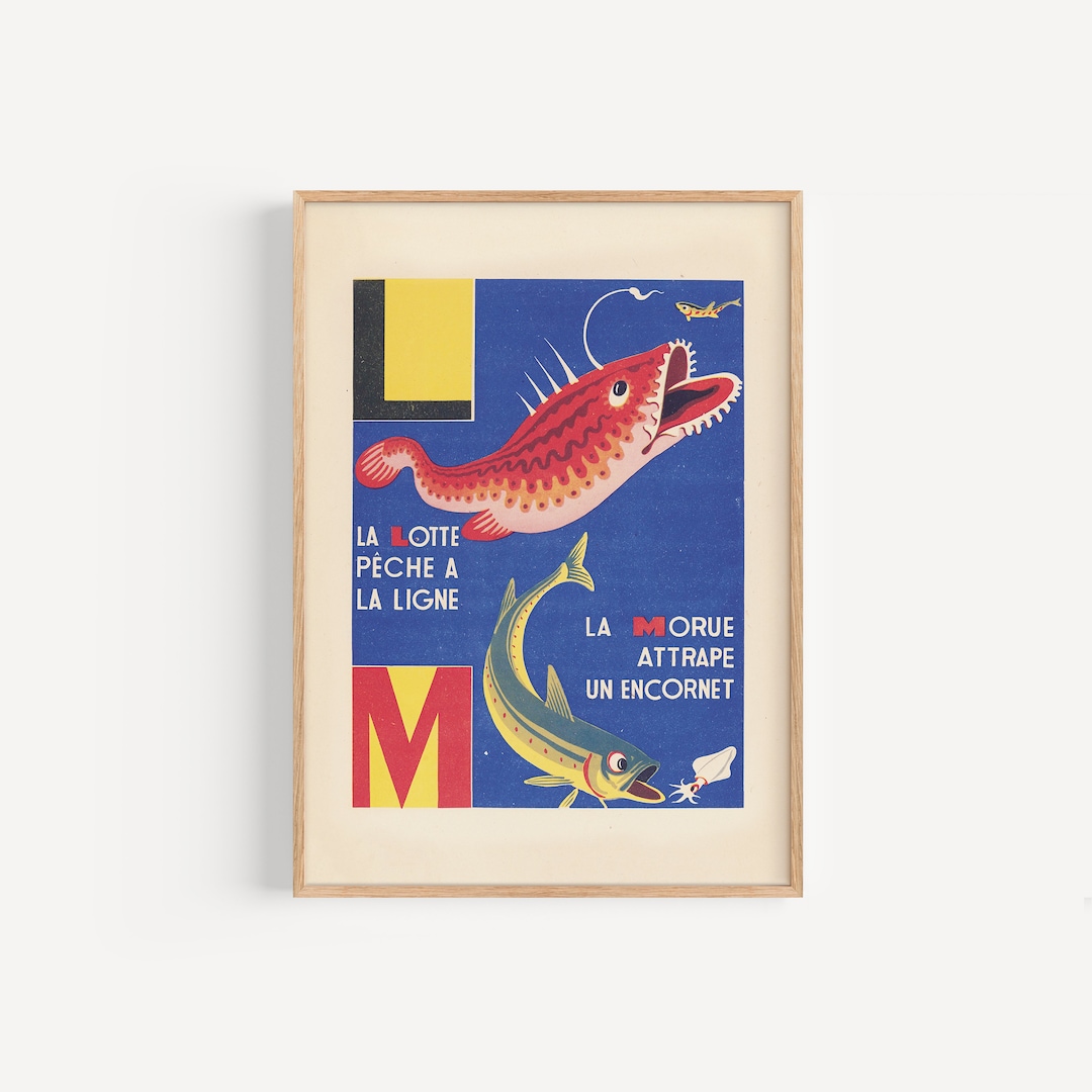 Digital Download of 1940s French Alphabet Book Fish Art Print in A3 and ...