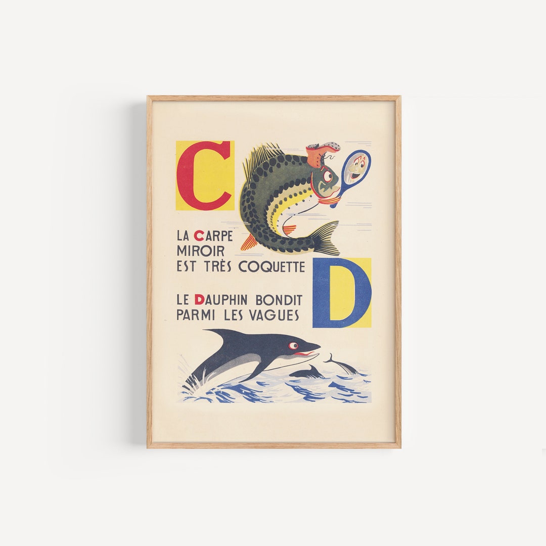 Digital Download of 1940s French Alphabet Book Fish Art Print in A3 and ...
