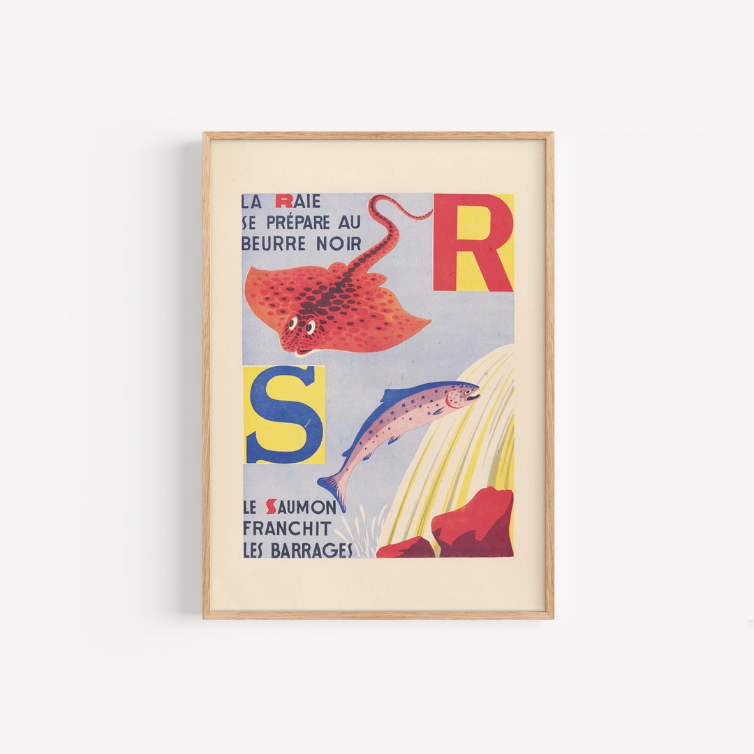 Digital Download of 1940s French Alphabet Book Fish Art Print in A3 and ...