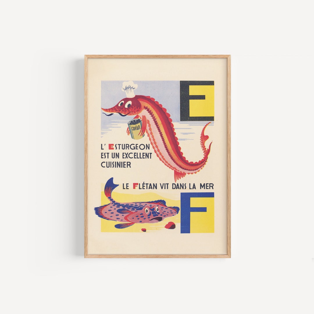 Digital Download of 1940s French Alphabet Book Fish Art Print in A3 and ...
