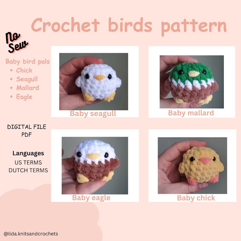 NO-SEW Crochet Mini Birds Pocket Pal Pattern Duck Eagle Mallard Chick ...