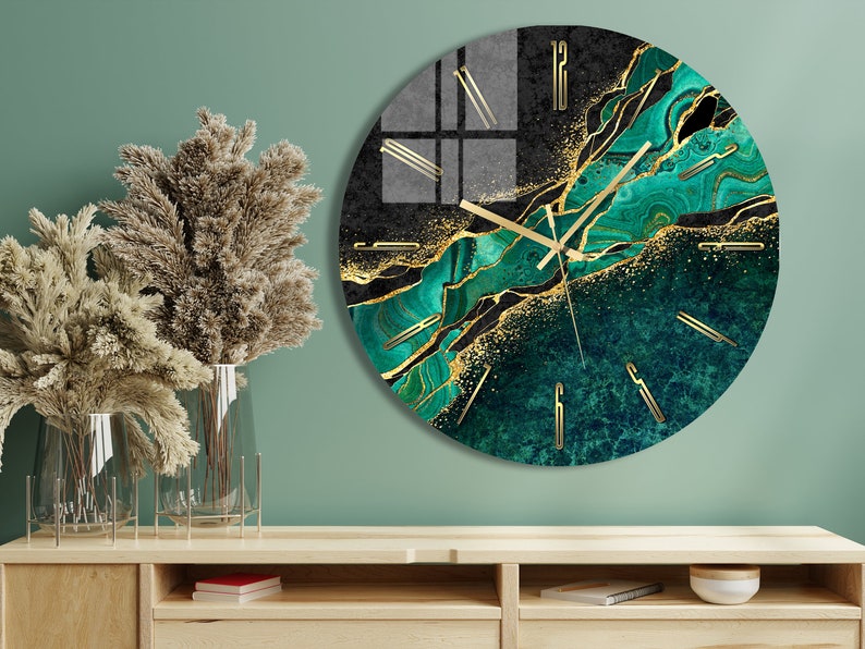 Green and Gold Marble Print Glass Wall Clock Large Luxury - Etsy