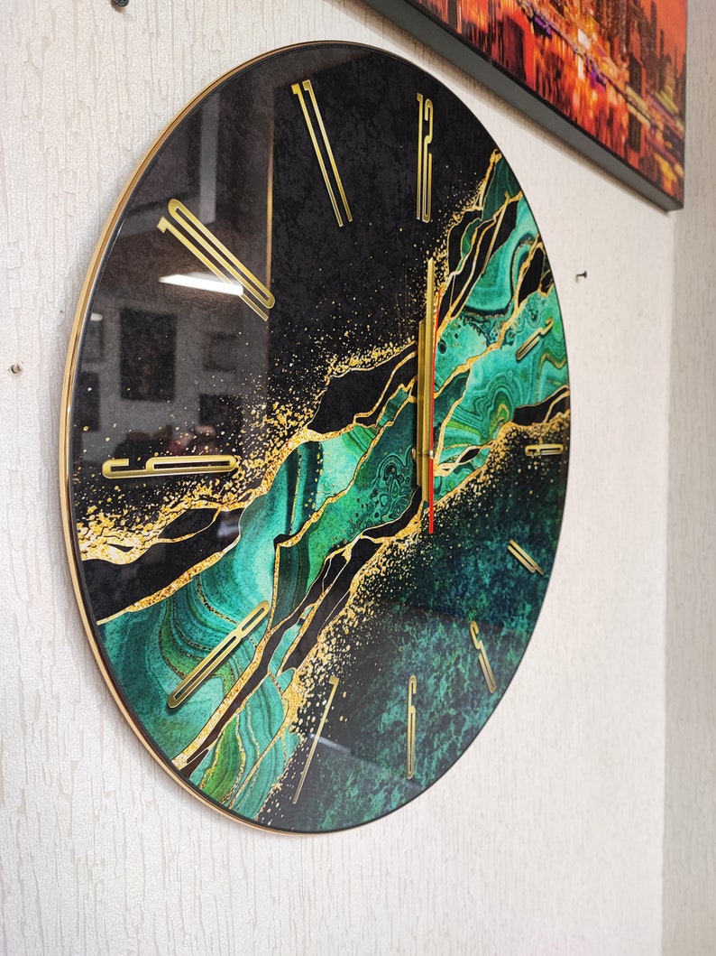 Green and Gold Marble Print Glass Wall Clock Large Luxury - Etsy