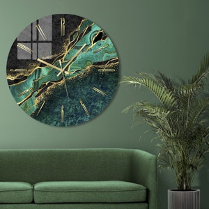 Green and Gold Marble Print Glass Wall Clock Large Luxury - Etsy