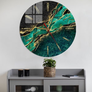 Green and Gold Marble Print Glass Wall Clock, Large Luxury Wall Clock ...