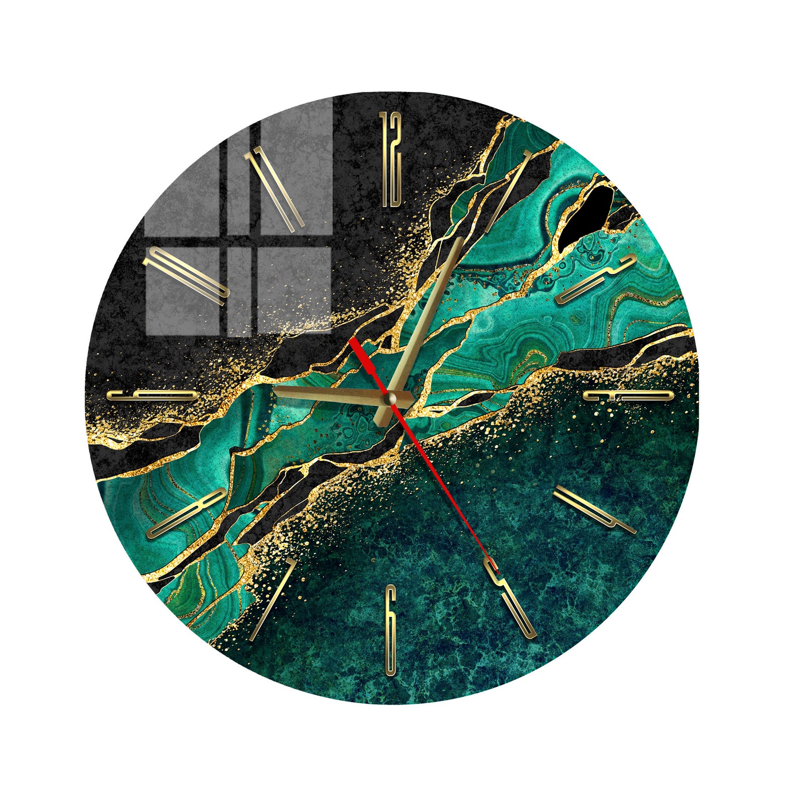 Green and Gold Marble Print Glass Wall Clock, Large Luxury Wall Clock ...