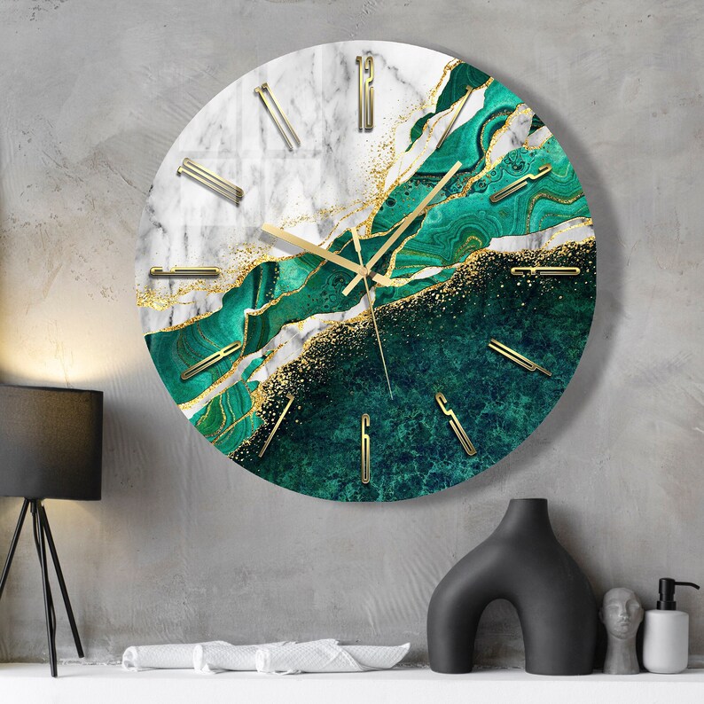 Green White & Gold Marble Print Glass Wall Clock Large - Etsy