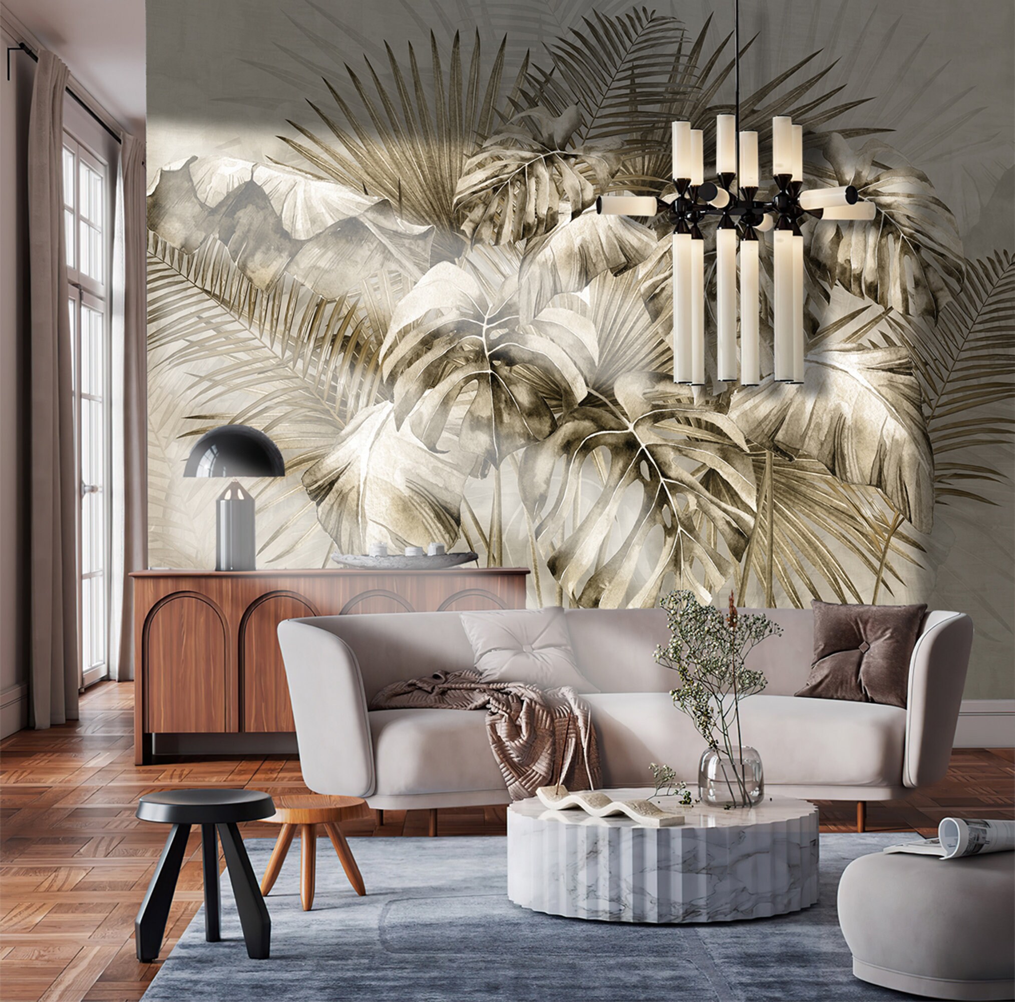 Tropical Leaves Textured Wallpaper Vintage Palm Leaves Wall - Etsy