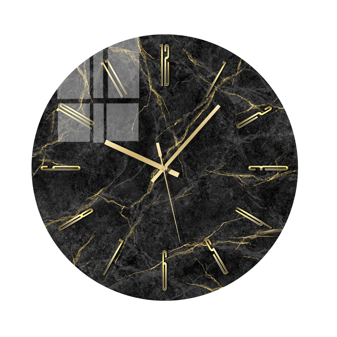 Black and Gold Marble Print Glass Wall Clock Large Modern - Etsy