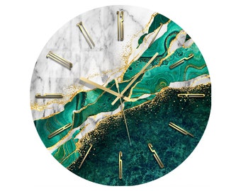 Green and Gold Marble Print Glass Wall Clock, Large Luxury Wall Clock ...