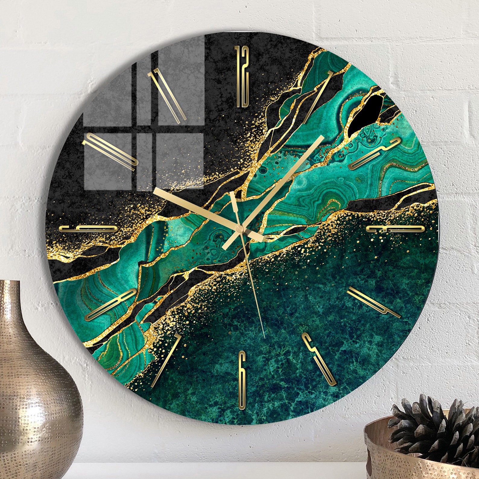 Green and Gold Marble Print Glass Wall Clock Large Luxury - Etsy