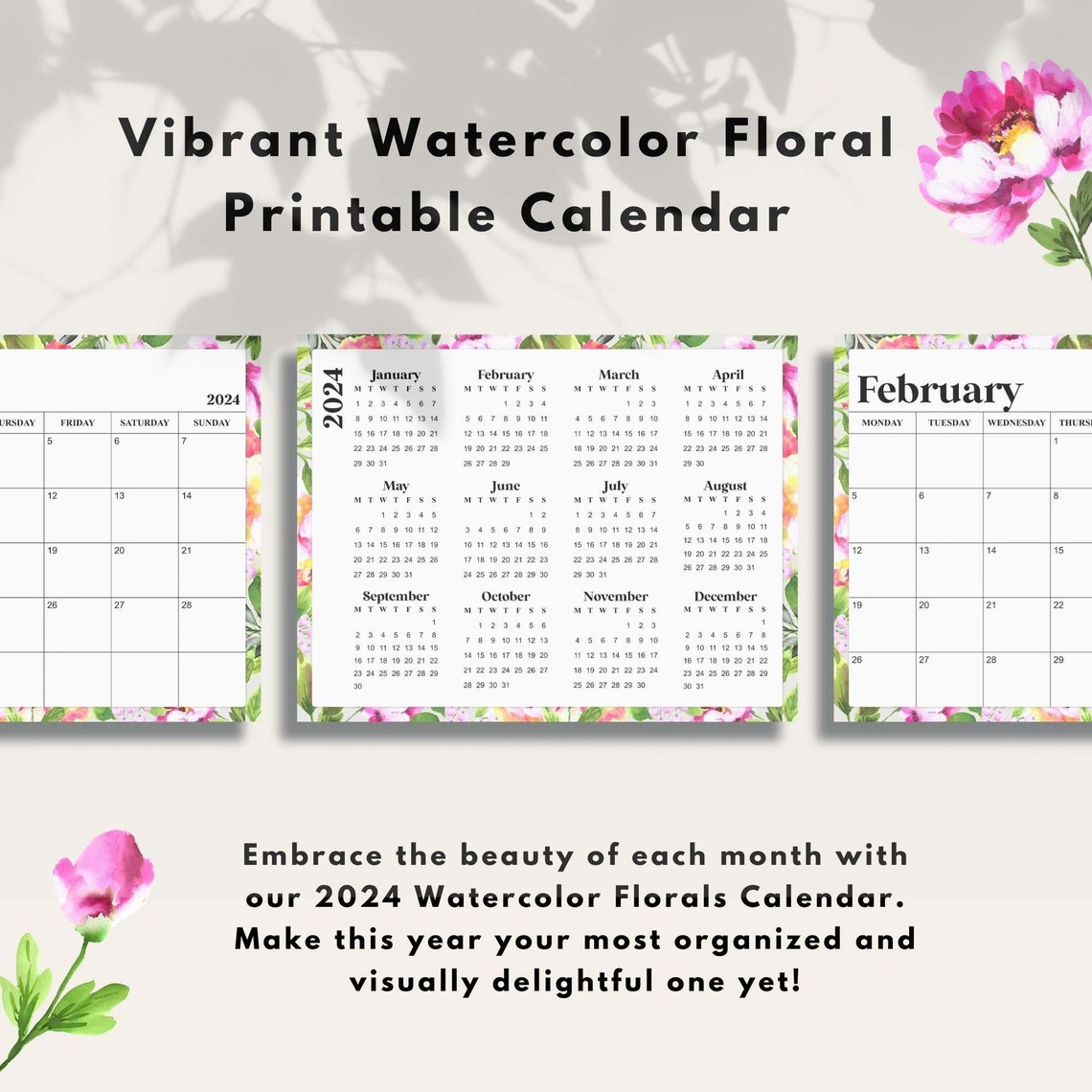 Bright Watercolor Florals 2024 Printable Calendar Landscape - Etsy