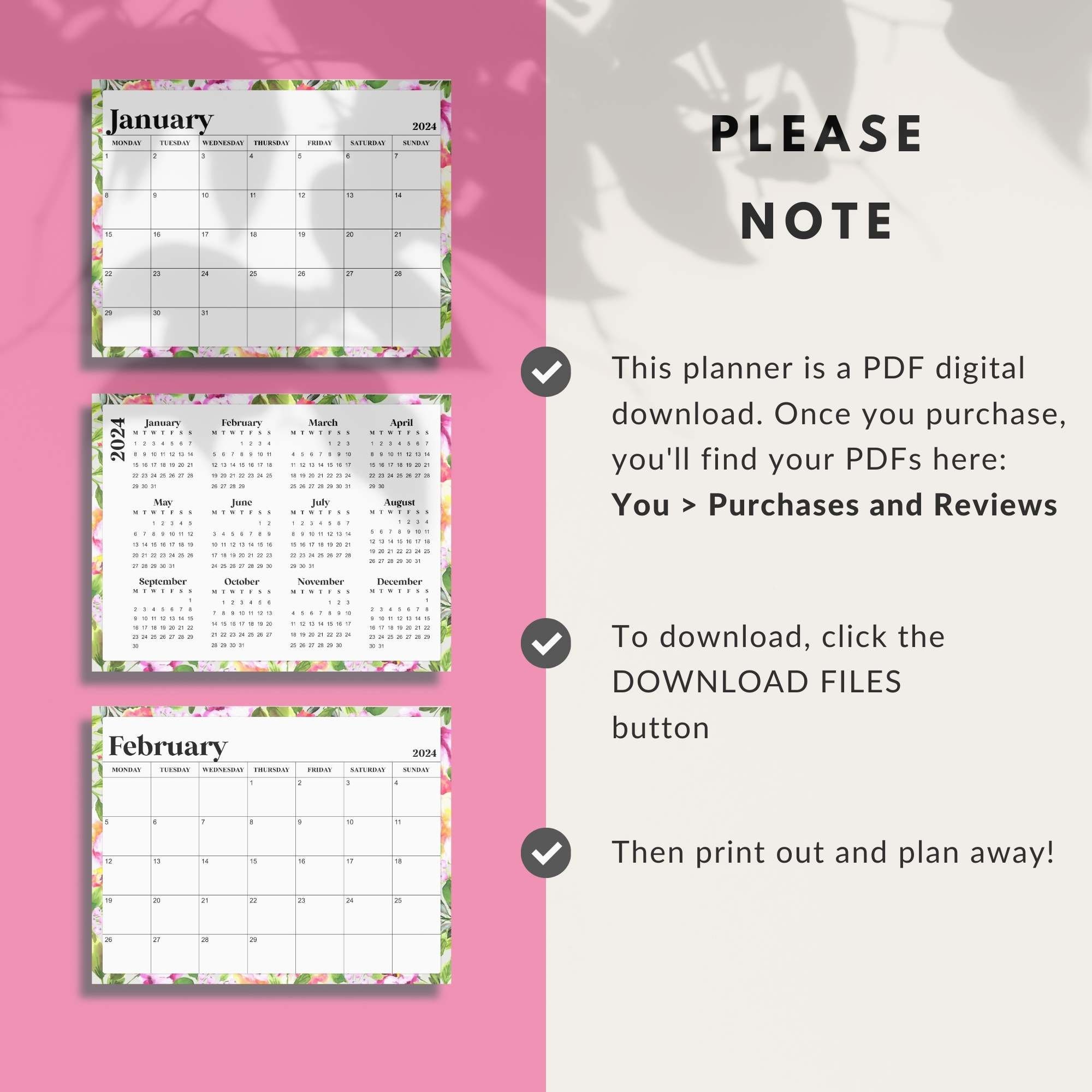 Bright Watercolor Florals 2024 Printable Calendar - Landscape Format ...