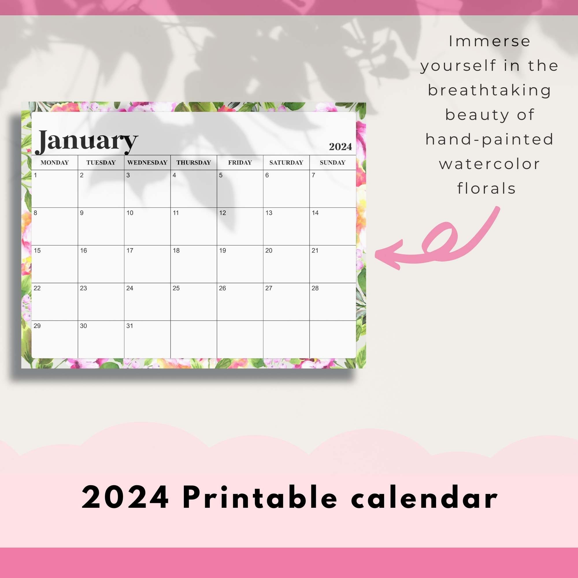 Bright Watercolor Florals 2024 Printable Calendar Landscape - Etsy