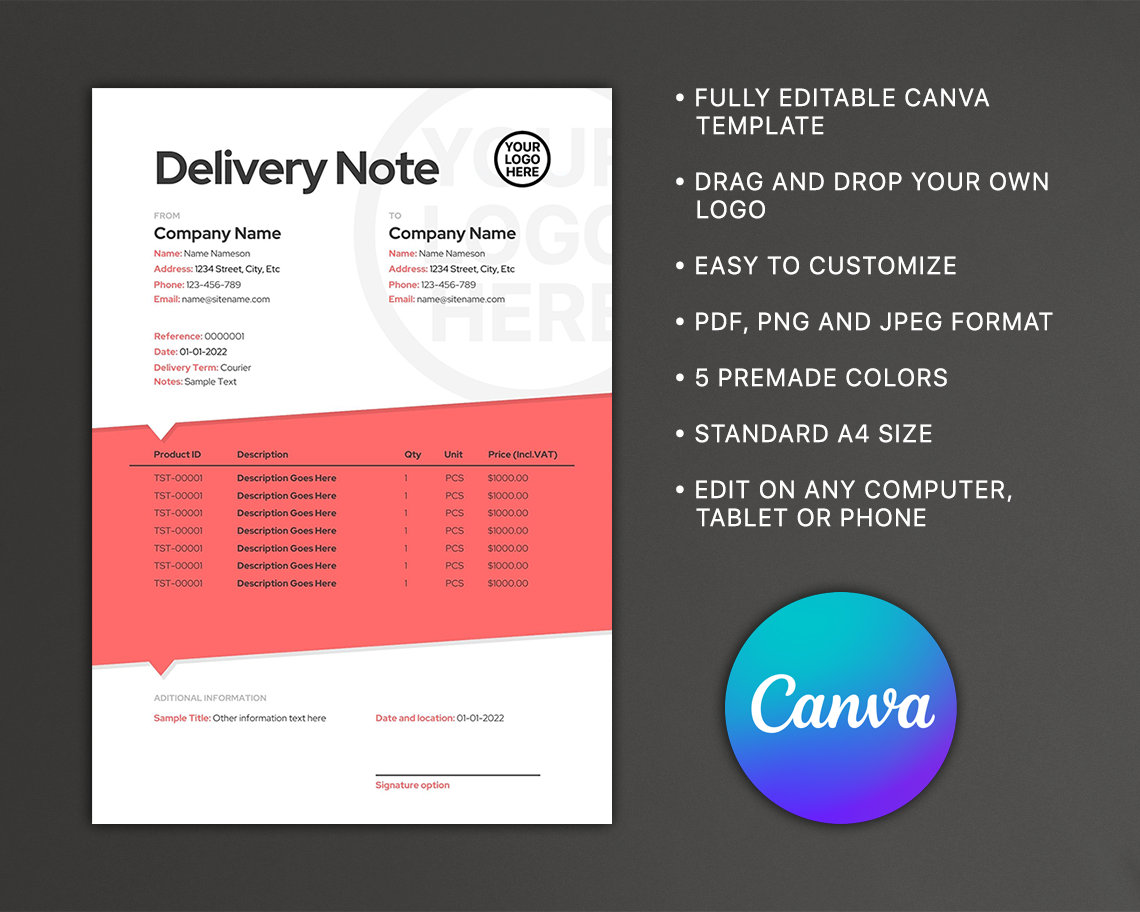 Delivery Note Template. Modern and Easy to Edit Digital Canva Delivery ...