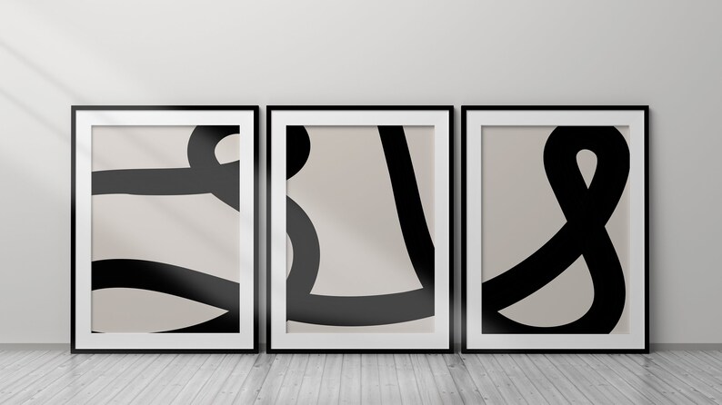 Black Lines Wall Art Print Set of 3 - Instant Download, Mid Century ...