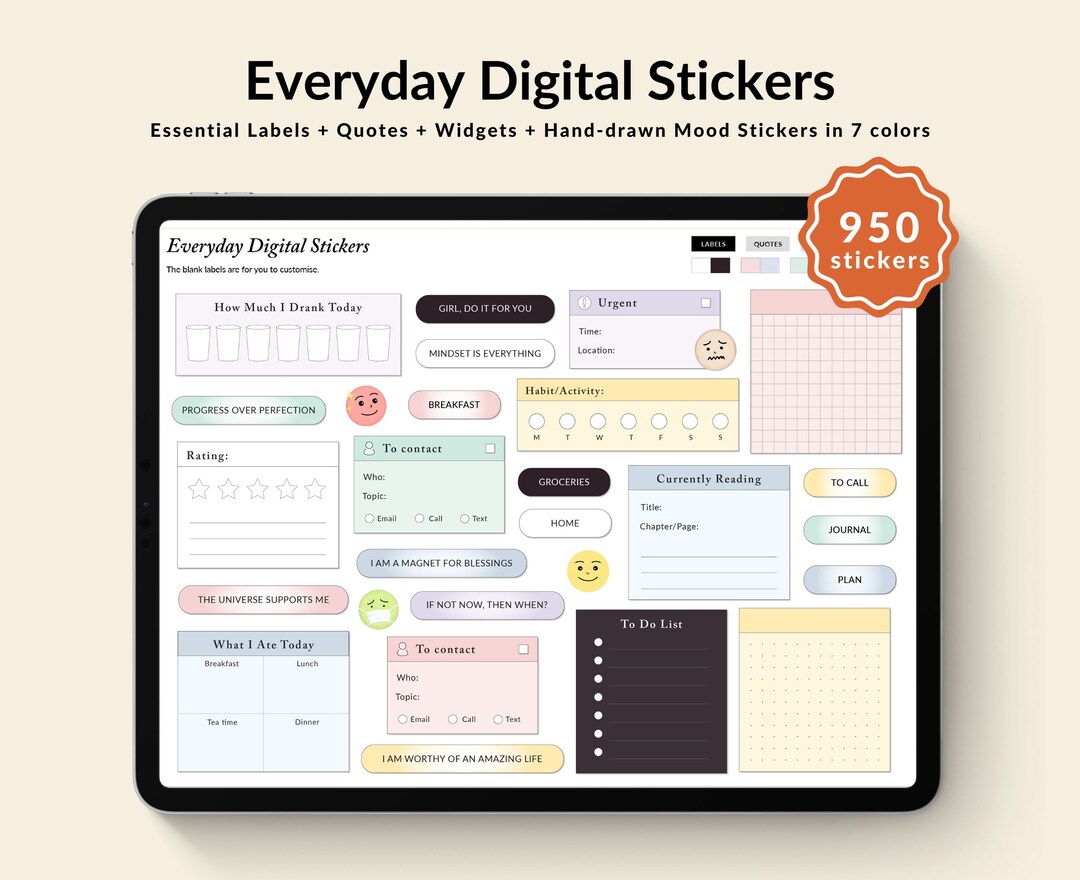 Everyday Digital Planner Stickers: Mood Trackers, Labels, Widgets (950 ...