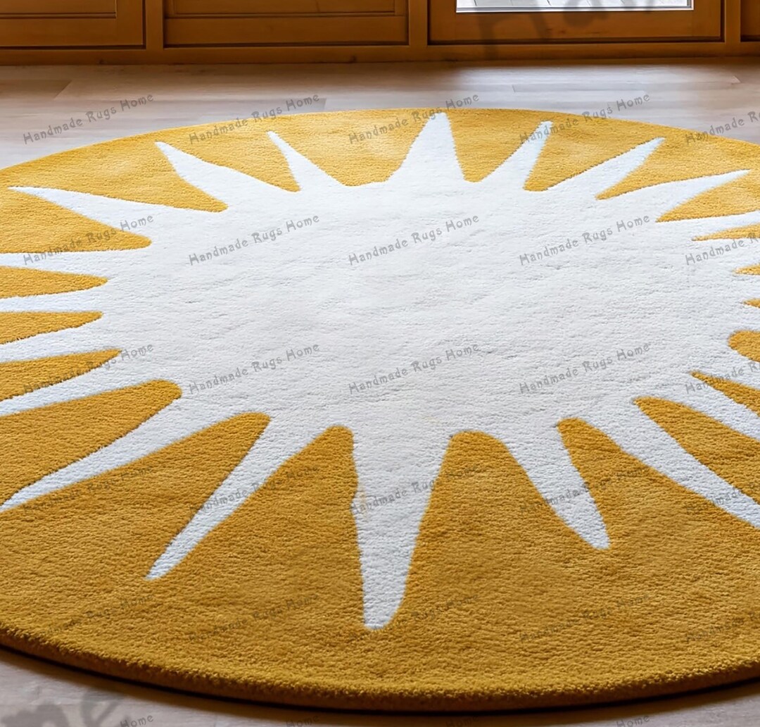 Hand-tufted Wool Rug, Round Sun Pattern (mustard, Multiple Sizes) - Etsy