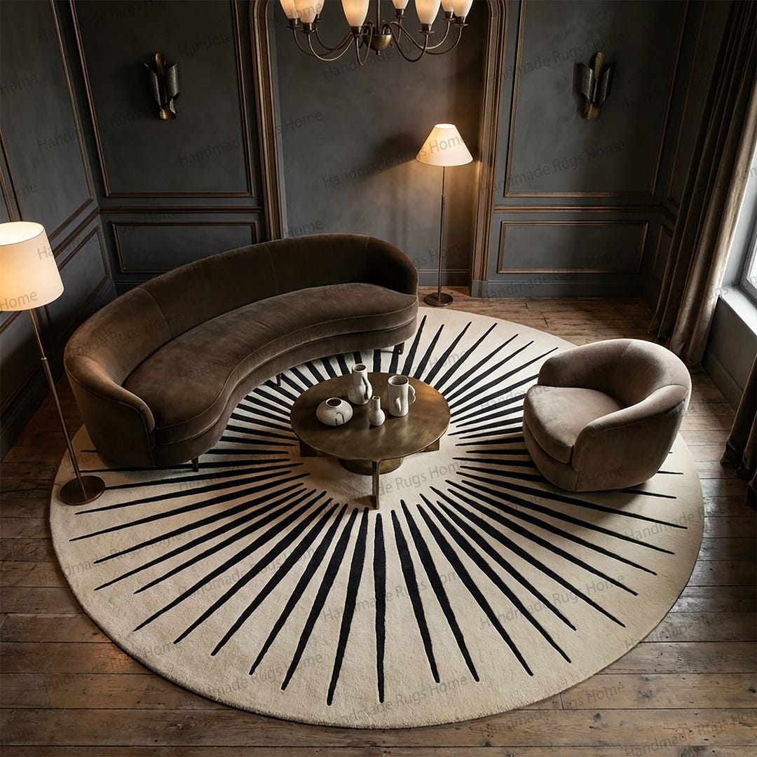 Hand Tufted Wool Round Rug, Geometric Sunburst Design, Modern Living ...