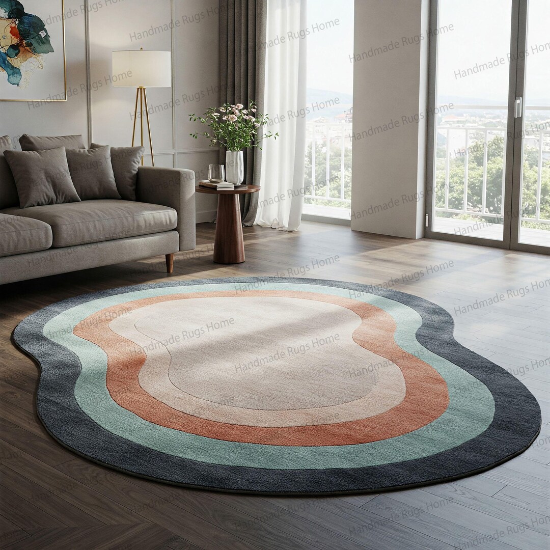 Hand Tufted Wool Rug: Layered Abstract Curvy Design, Soft Modern Carpet ...
