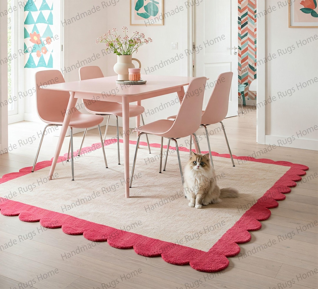 Scalloped Edge Hand Tufted Rug - Aqua & Ivory Dining Room Decor, 4x6 to ...