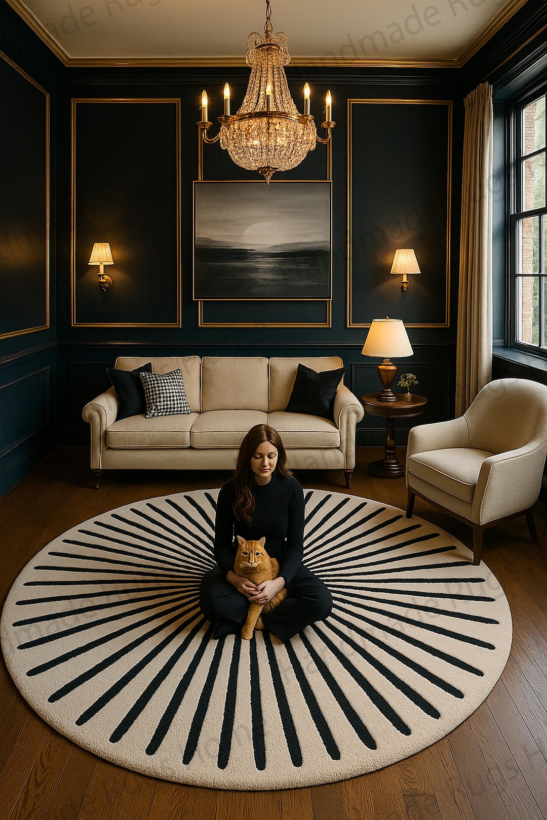 Hand-tufted Wool Sunburst Rug, Round Geometric Area Carpet, Black Ivory ...