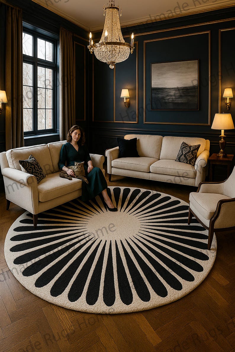 Hand Tufted Midnight Sunburst Rug, Black Ivory Modern Floor Covering - Etsy