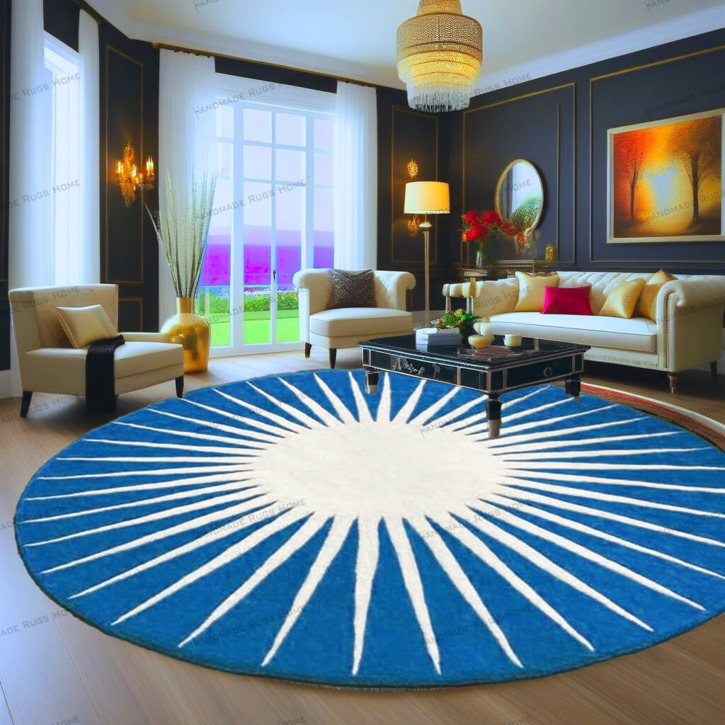 Hand Tufted Wool Sunburst Rug, Modern Round Carpet, Living Room Bedroom ...