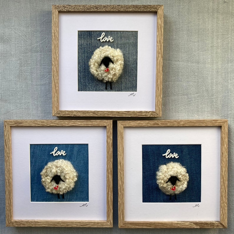 Needle Felted Sheep Picture on Denim Fabric, Anniversary or Wedding ...