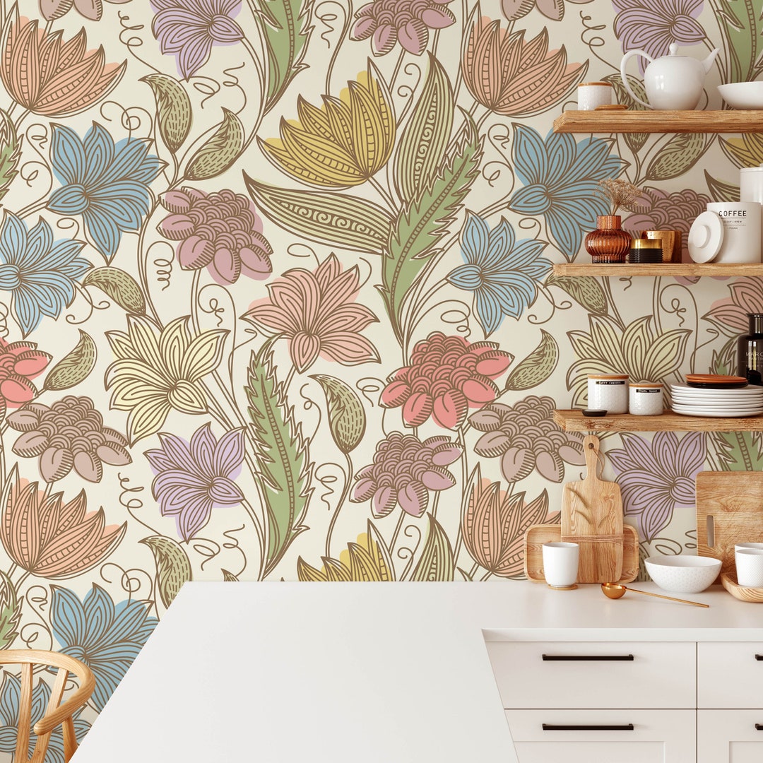 Removable Floral Wallpaper, Mural Floral Wallpaper, Botanical Custom ...