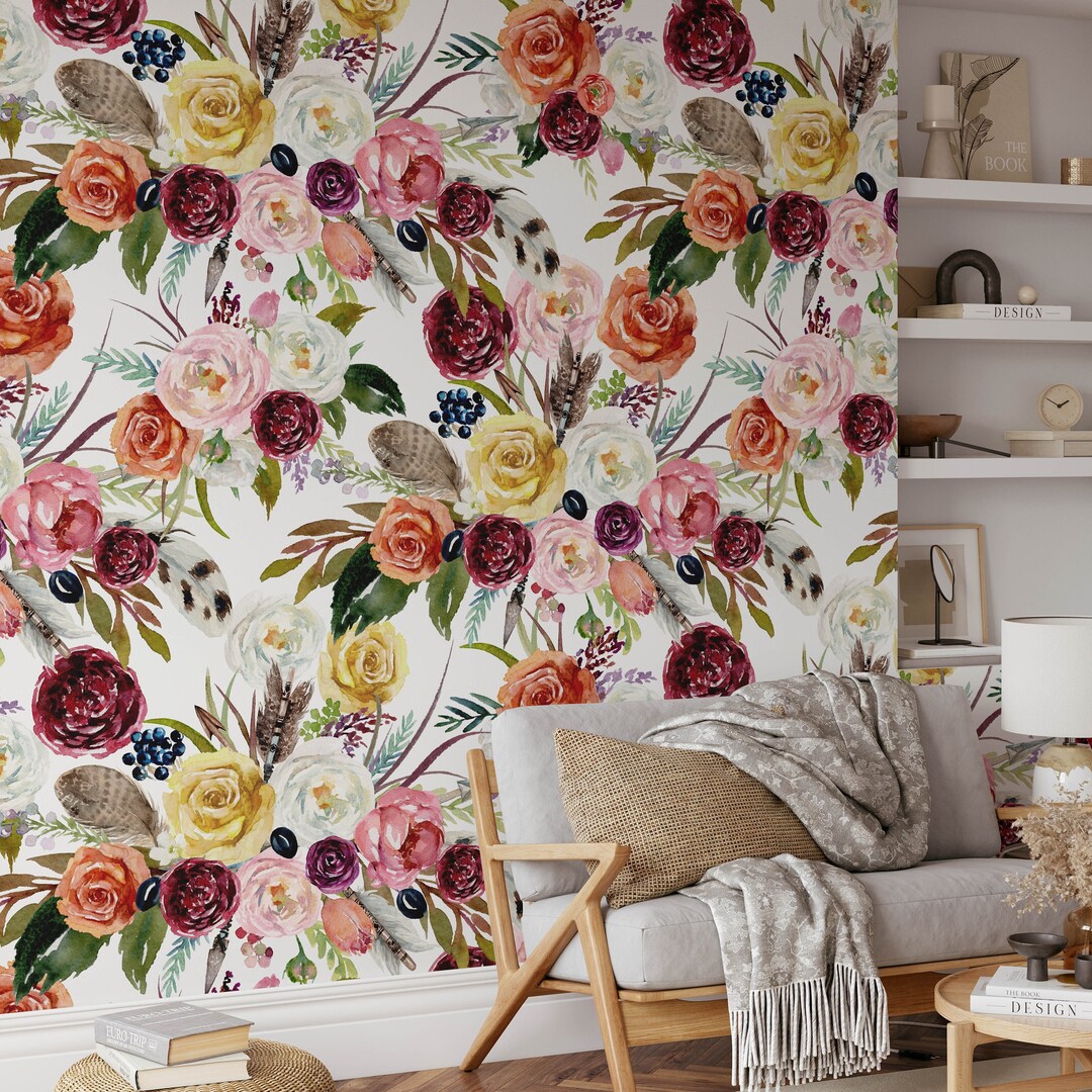 Removable Floral Wallpaper, Mural Floral Wallpaper, Botanical Custom ...