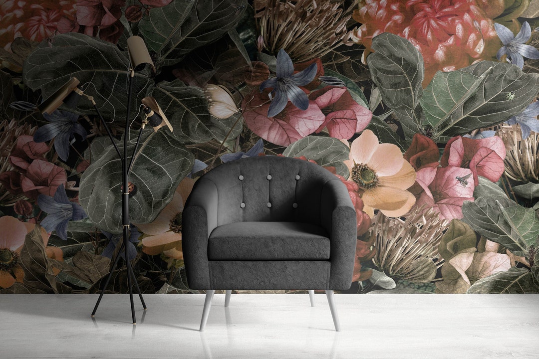 Removable Floral Wallpaper, Dark Floral Wallpaper, Custom Floral ...