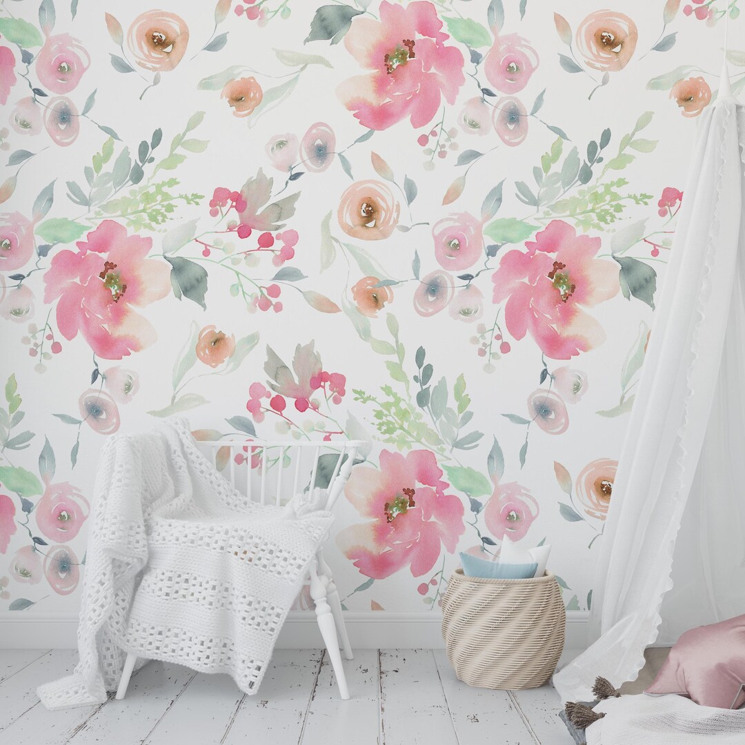 Removable Pink Posie Floral Nursery Kid's Wallpaper, Children's Bedroom ...
