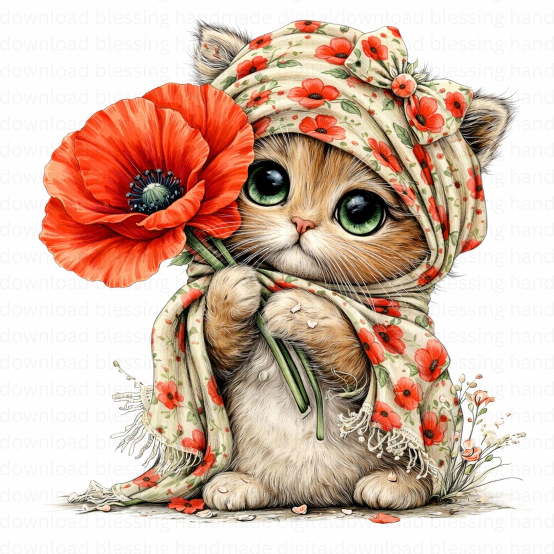 10 PNG Poppy Cat Clipart, Watercolor Kitten, Red Flowers, Floral ...