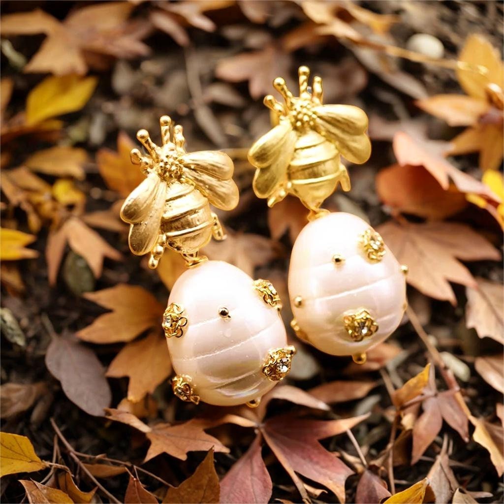 Vintage Gold Bumble Bee Mabe Pearl Dangle Earrings Unique Bee Mabe Pearl Drop Stud Earrings ...