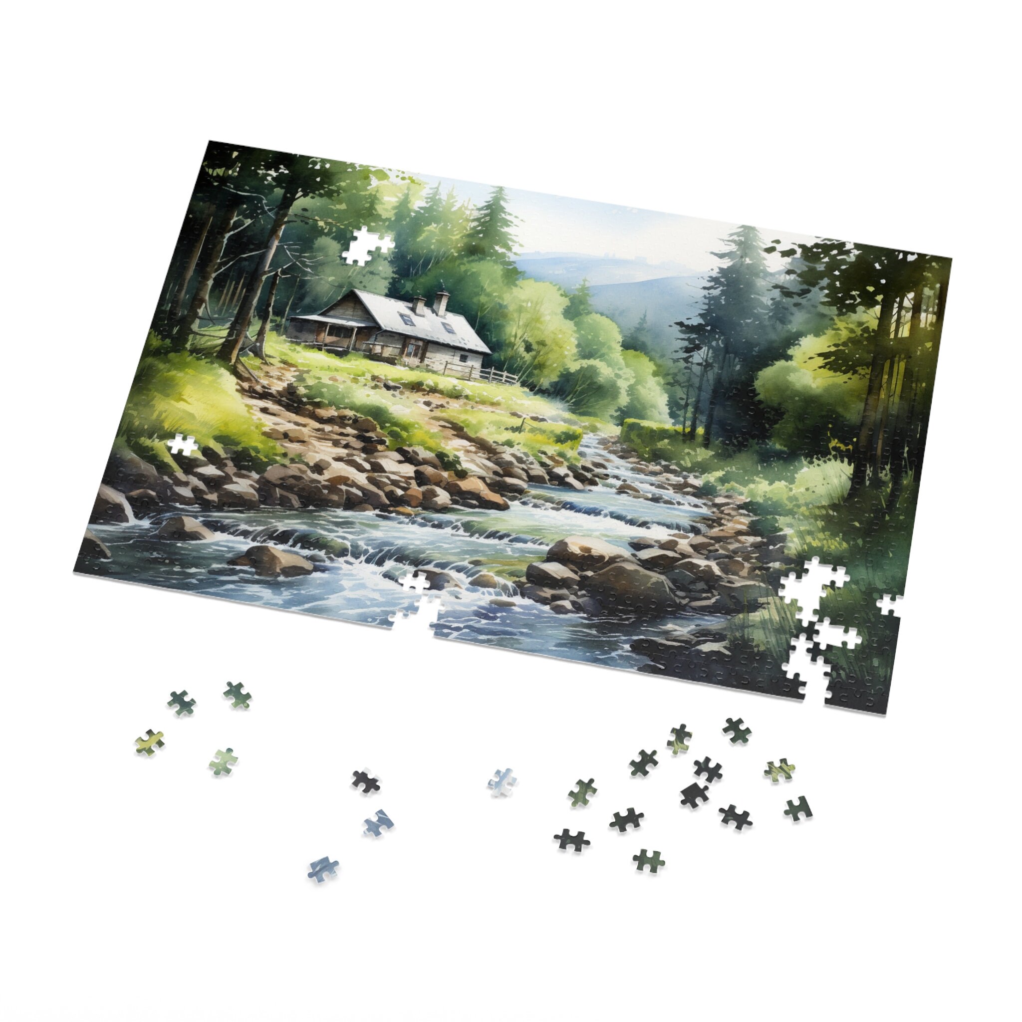 Watercolour Riverside Log Cabin Jigsaw Puzzle 1000-piece - Etsy